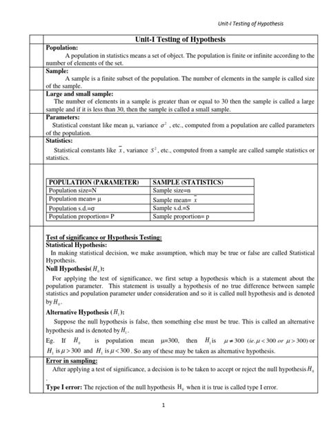 Unit I Testing Of Hypothesis X Variance Download Free Pdf Statistical Hypothesis Testing