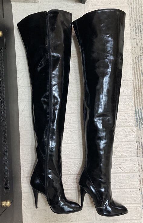 Vintage Black Patent Leather Thigh High Boots By Mali Gem