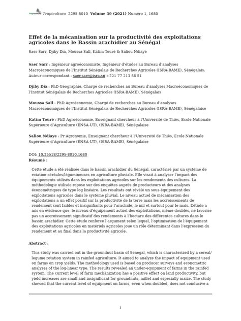 Effet De La Mcanisation Sur La Productivit Des Exploitations Agricoles Dans Le Bassin Arachidier