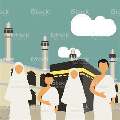 이슬람 순례자 수행 메카 람 모스크에서 Kaaba 주위 Umrah 을 사용 하 여 만화 문자입니다 벡터 일러스트 레이 션
