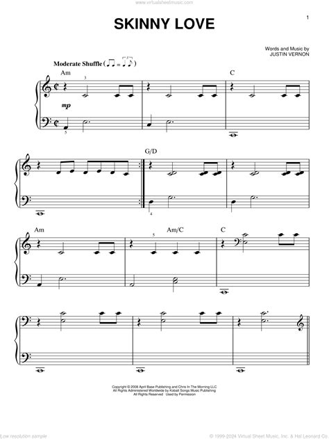 Bon Iver Skinny Love Sheet Music For Piano Solo Pdf