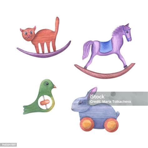 흰색 배경에 격리된 어린이 나무 장난감 세트의 수채화 그림 보육원 어린이 방 장식 친환경 소재 어린이 장난감 인쇄 포스터 배경