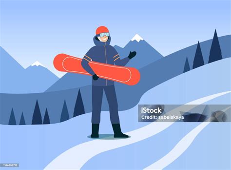 Mann In Skianzug Und Brille Steht Im Freien Mit Snowboardcartoonstil