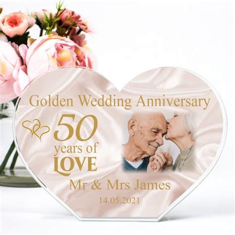 Personalised Acrylic Heart Photo Block Golden Anniversary