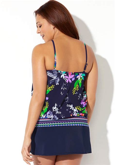 High Neck Blouson Tankini Set With Side Slit Skirt Navy Wind Flower