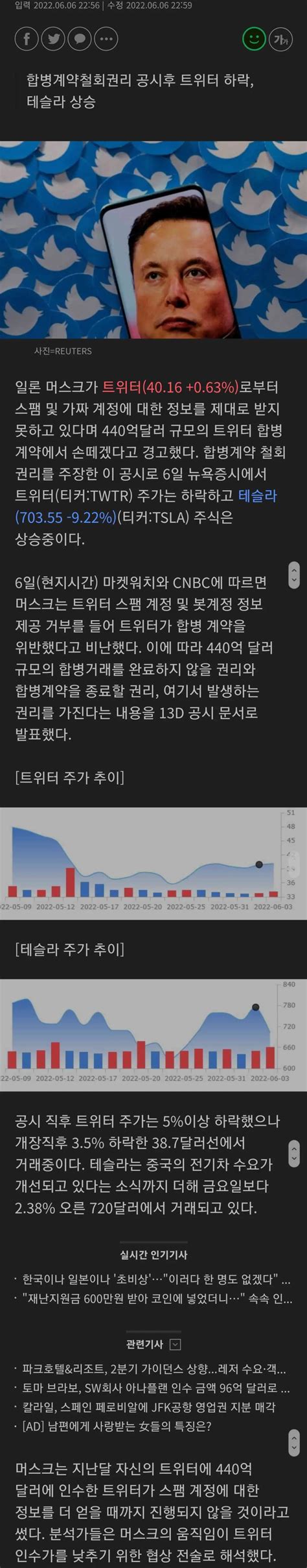 머스크 440억달러 트위터 합병 거래 손떼겠다 경고