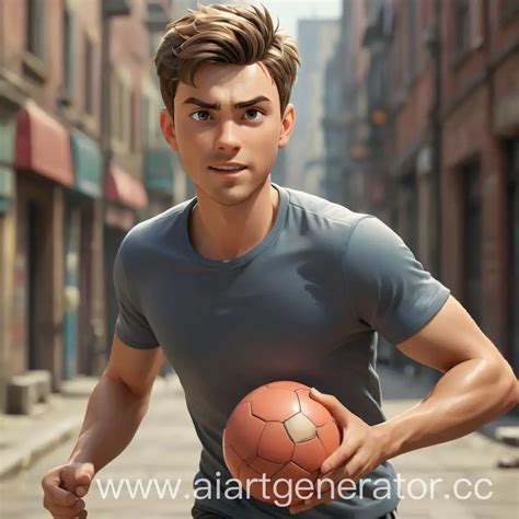 Young Man Running While Holding A Realistic 3d Ball Ai Art Generator