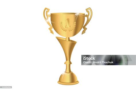 흰색 배경에 사실적인 골드 반짝이는 트로피 컵 1위 수상자 장소 상 벡터 일러스트 레이 션 트로피에 대한 스톡 벡터 아트 및