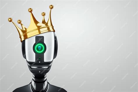 황금 왕관을 쓴 로봇 사이보그 머리 인공 지능은 인류의 미래 신경망 기술 특이점 3d 그림 3d 렌더링을 제어합니다 프리미엄 사진