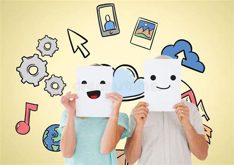 Hombre Y Mujer Que Sostienen Caras Sonrientes Sobre Su Cara Con Los Diversos Iconos En Fondo
