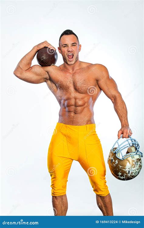 Gay Streptizer With Naked Torso American Football Player In Helmet Isolated On White Background