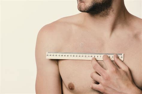 Measurement And Size Concept Athlete With Naked Body Stock Photo Image Of Fitness Measure