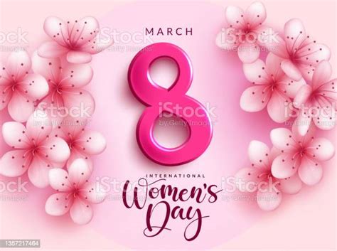 여성의 날 인사말 벡터 디자인 3월 8일 3d 세계 여성의 날 텍스트와 벚꽃 꽃 요소여성 축하 장식 0명에 대한 스톡 벡터 아트