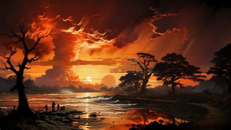 Nuclear Explosion Water Color Painting Style Stock Illustration