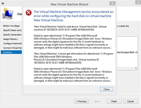 c windows phone is unable to set the vhd on the virtual machine