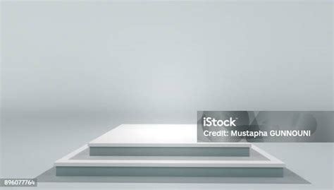현대 흰색 연단 받침대 플랫폼의 3d 렌더링입니다 빈 서식 파일 레이아웃 흰색 빈 무대의 모의 3차원 형태에 대한 스톡 사진 및