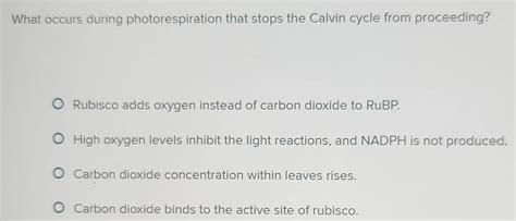 Solved What Occurs During Photorespiration That Stops The Calvin Cycle From Proceeding Rubisco