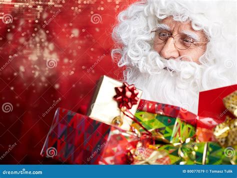 Santa Claus Drinking Tea Closeup Portrait Isolated On Red Stock Image