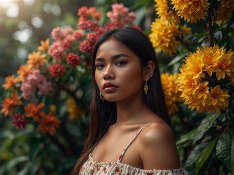 Filipina Model Surrounded By Traditional Filipino Flowers Premium Ai