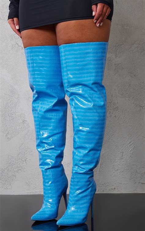 Blue Croc Point Toe Thick Thigh High Heeled Boots Footwear