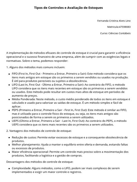 Tipos De Controles E Avaliação De Estoques Fernanda Cristina Alves