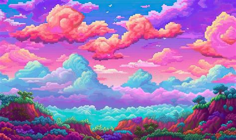 D Pixel Art Game Opening Cloud Sea Mountain Sunset Background With