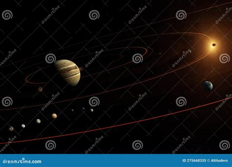 Solar System With Planets And Moons Visible Each In Their Own Orbit