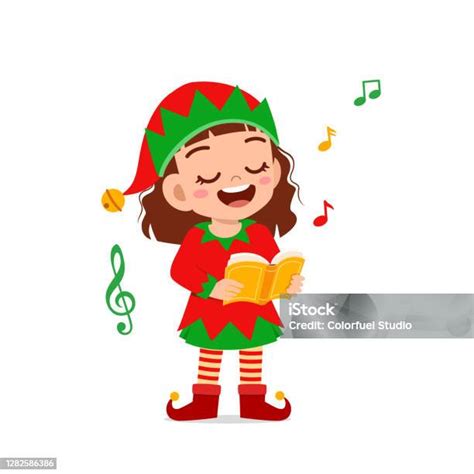 녹색 엘프 크리스마스 의상을 입고 노래를 노래하는 행복한 귀여운 어린 소년과 소녀 꼬마 요정에 대한 스톡 벡터 아트 및 기타 이미지 꼬마 요정 크리스마스 겨울