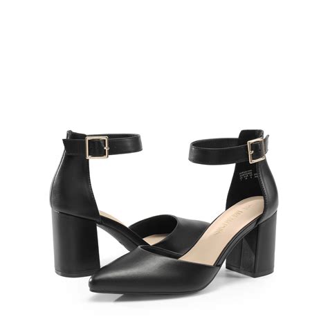 Women Ankle Strap High Chunky Block Heel Pumps Pointed Toe Dress Pump