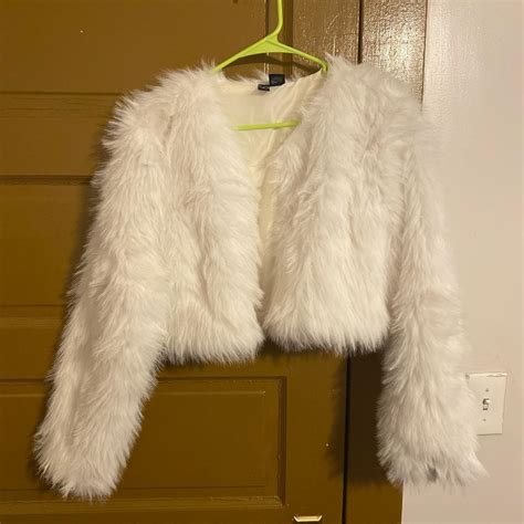 White Fluffy Cropped Jacket Size L Worn Once Depop