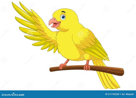 Yellow Serinus Perch Canary Bird In Captivity With Avian Feathers On