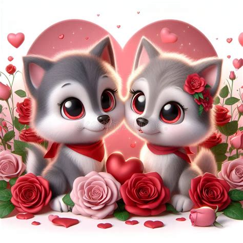A Cute Couple Fluffy Panda Hugging A Heart In Love With Cotton Flower