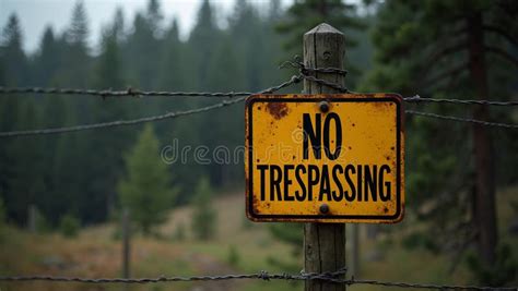 No Trespassing Warning Sign On Wire Fence With Forest In Background
