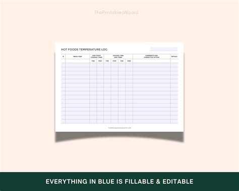 Printable Hot Food Temperature Log Sheet Digital Download Pdf Template