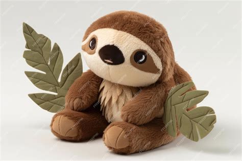 Premium Ai Image Soft Sloth Toy With Leaf On White Background In The