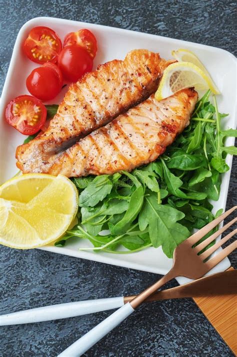 Grilled Salmon With Vegetables Top View Of Grilled Salmon With