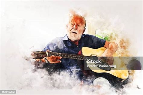 수채화 페인팅 배경과 디지털 일러스트 브러쉬의 전경에서 어쿠스틱 기타를 연주하는 추상적인 시니어 남성이 예술에 대한 추상적인 일러스트레이션 브러쉬 수채화에 대한 스톡 사진