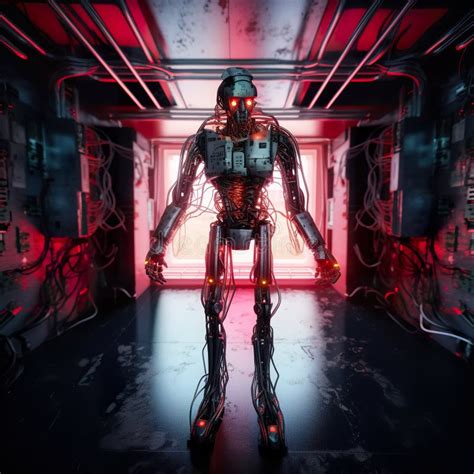 A Robot Standing In A Room With Red Lights Ai Generative Image Stock