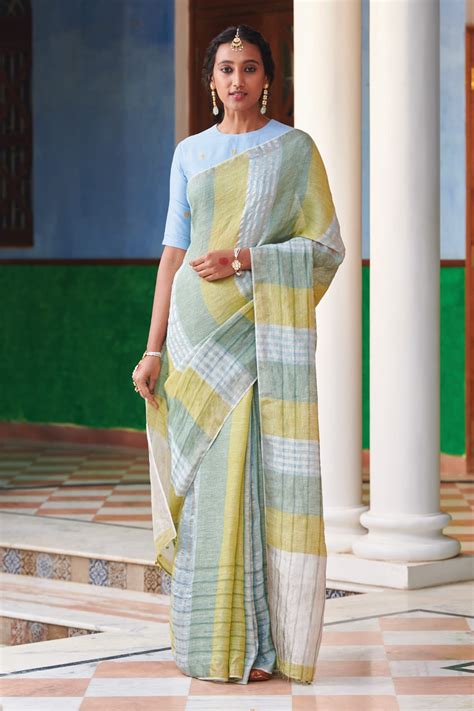 Buy Multi Color 100 Linen And Zari Woven Stripe Leheriya Pattern Saree