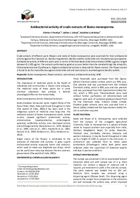 Pdf Antibacterial Activity Of Crude Extracts Of Butea Monosperma