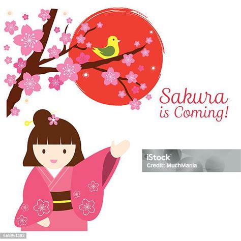 소녀 기모노 벚꽃 또는 Sakura 및 야생조류 2015년에 대한 스톡 벡터 아트 및 기타 이미지 2015년 계절 공휴일