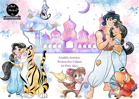 A Vibrant Clipart Featuring Aladdin Jasmine The Genie Abu Rajah