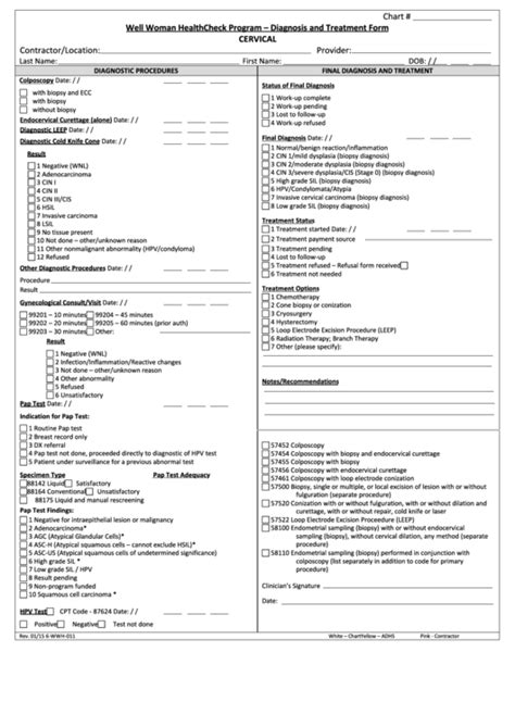 Well Woman Healthcheck Program Diagnosis And Treatment Form Printable