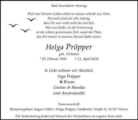 Alle Traueranzeigen Für Helga Pröpper Trauerrp Onlinede