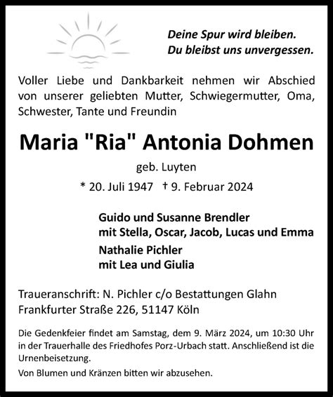 Traueranzeigen Von Maria Antonia Dohmen Wirtrauern