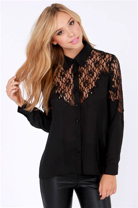 Sexy Black Top Button Up Top Long Sleeve Top Lace Top 4000