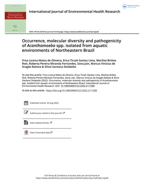 Pdf Occurrence Molecular Diversity And Pathogenicity Of Acanthamoeba Spp Isolated From
