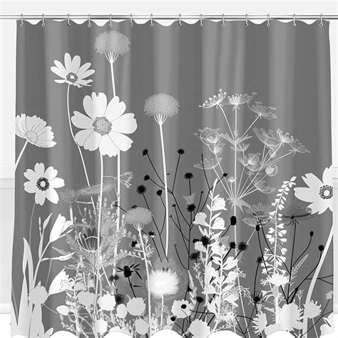 Gray And White Wildflower Garden Vector Art Shower Curtain Detailed