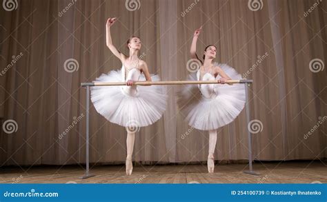 Ballet Rehearsal In Old Theater Hall Young Ballerinas In White Ballet