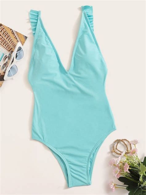 Ruffle Detail Open Back One Piece Swimsuit Shein Swimsuits One